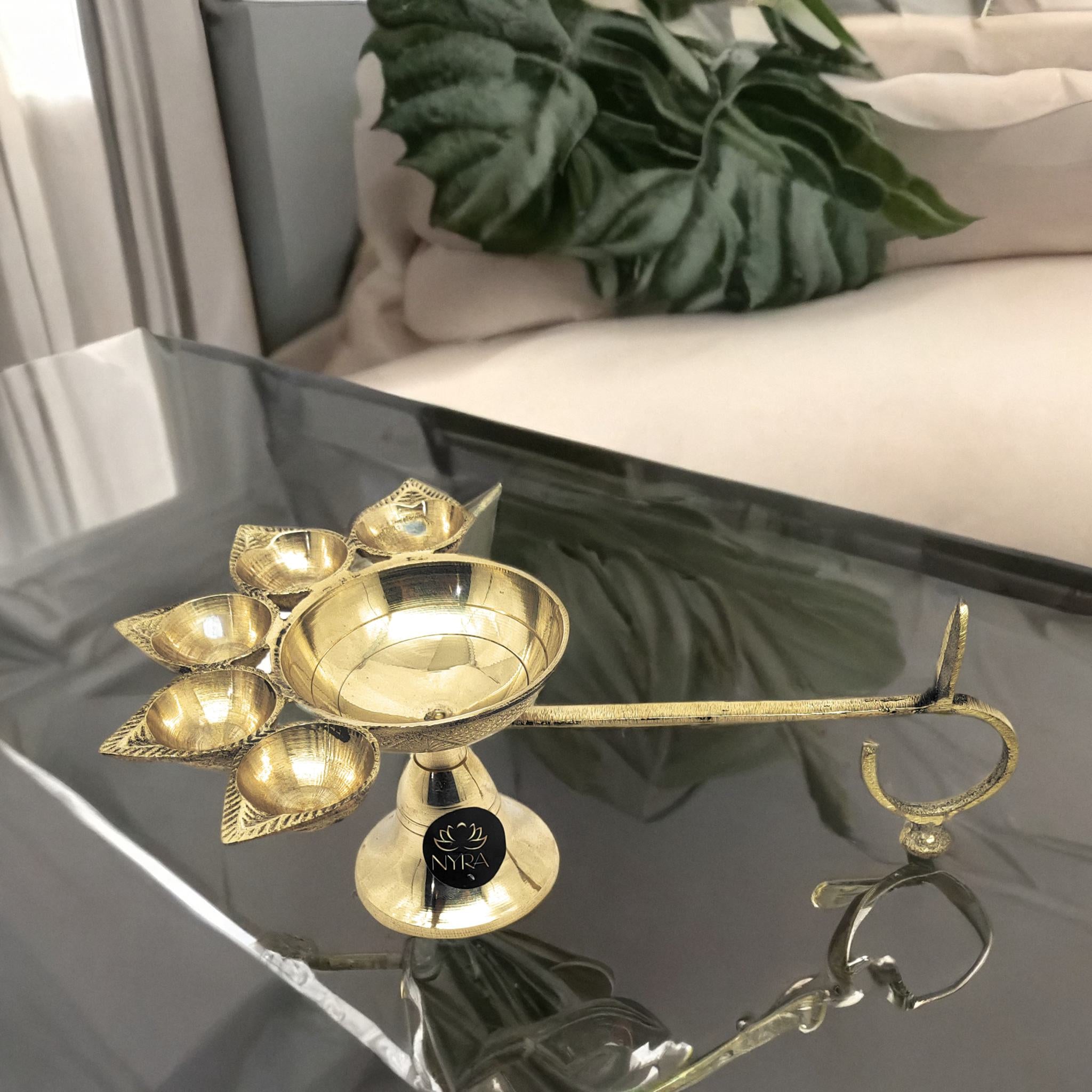 Nyra® Pure Brass/Peetal Panch Aarti Diya With Handle – Nyra® Kitchenware